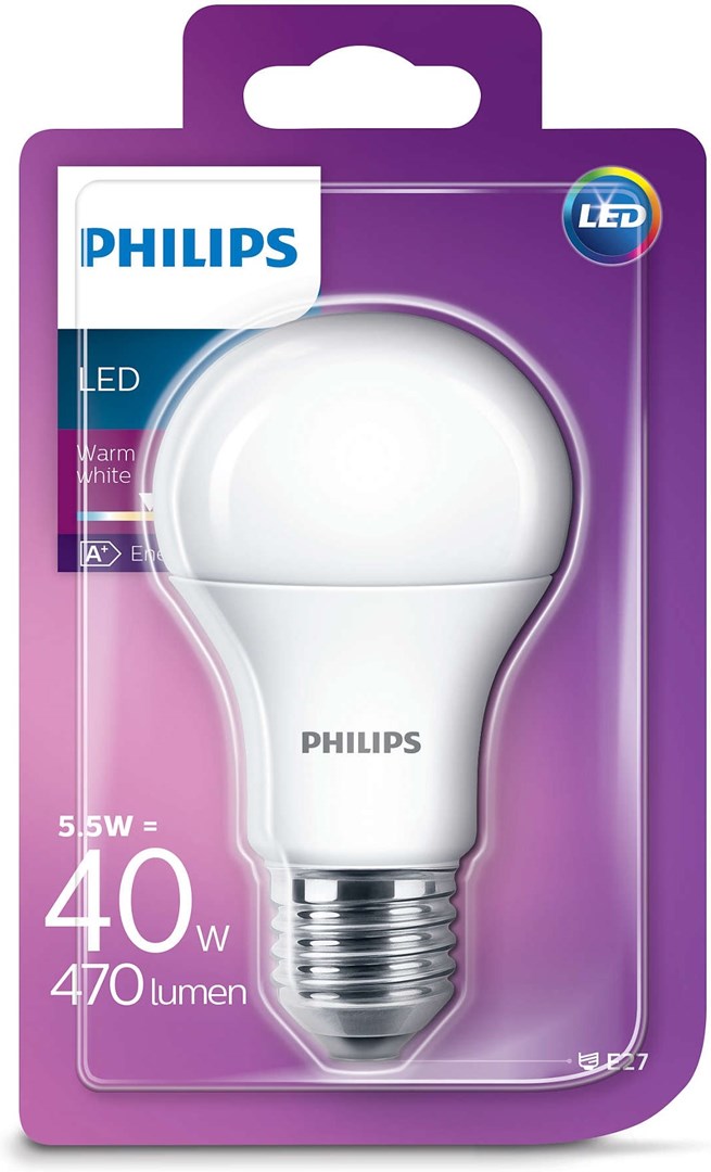 Philips LED 5.5W (40W) E27 A60 - LED-lampa standard, 5,5 W med stor sockel