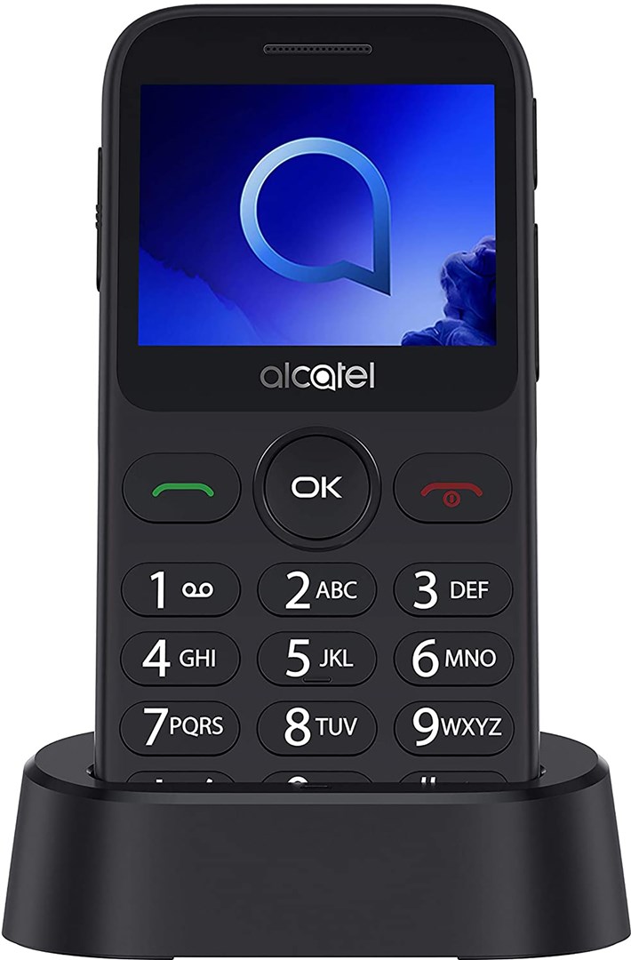 Alcatel 2019G Grey Metallic - Smidig knapptelefon med laddningsstation